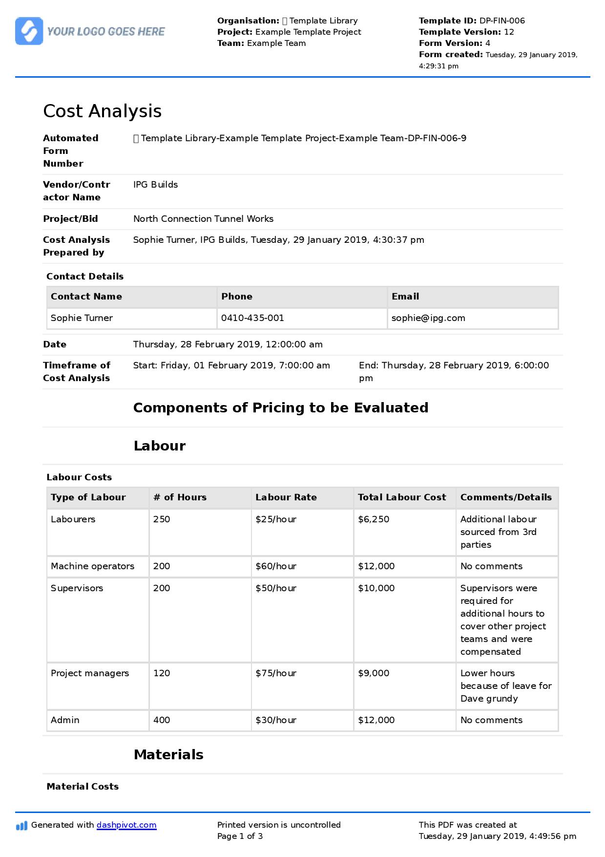 Building Construction Cost Analysis Template