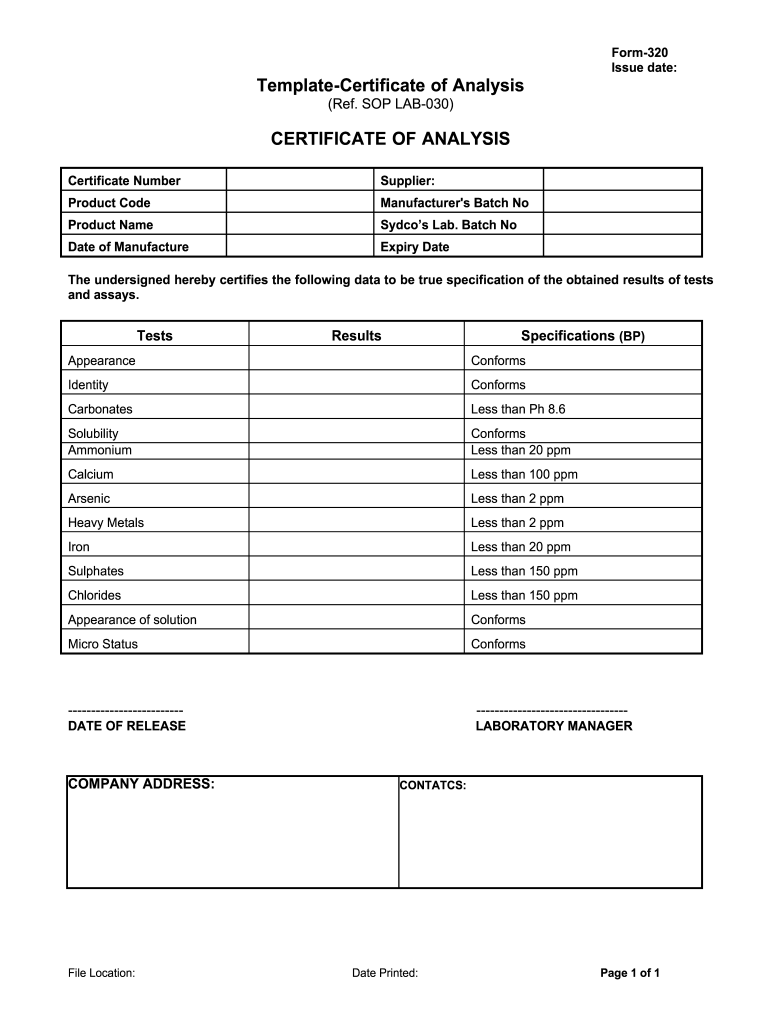 Chemical Certificate of Analysis Template