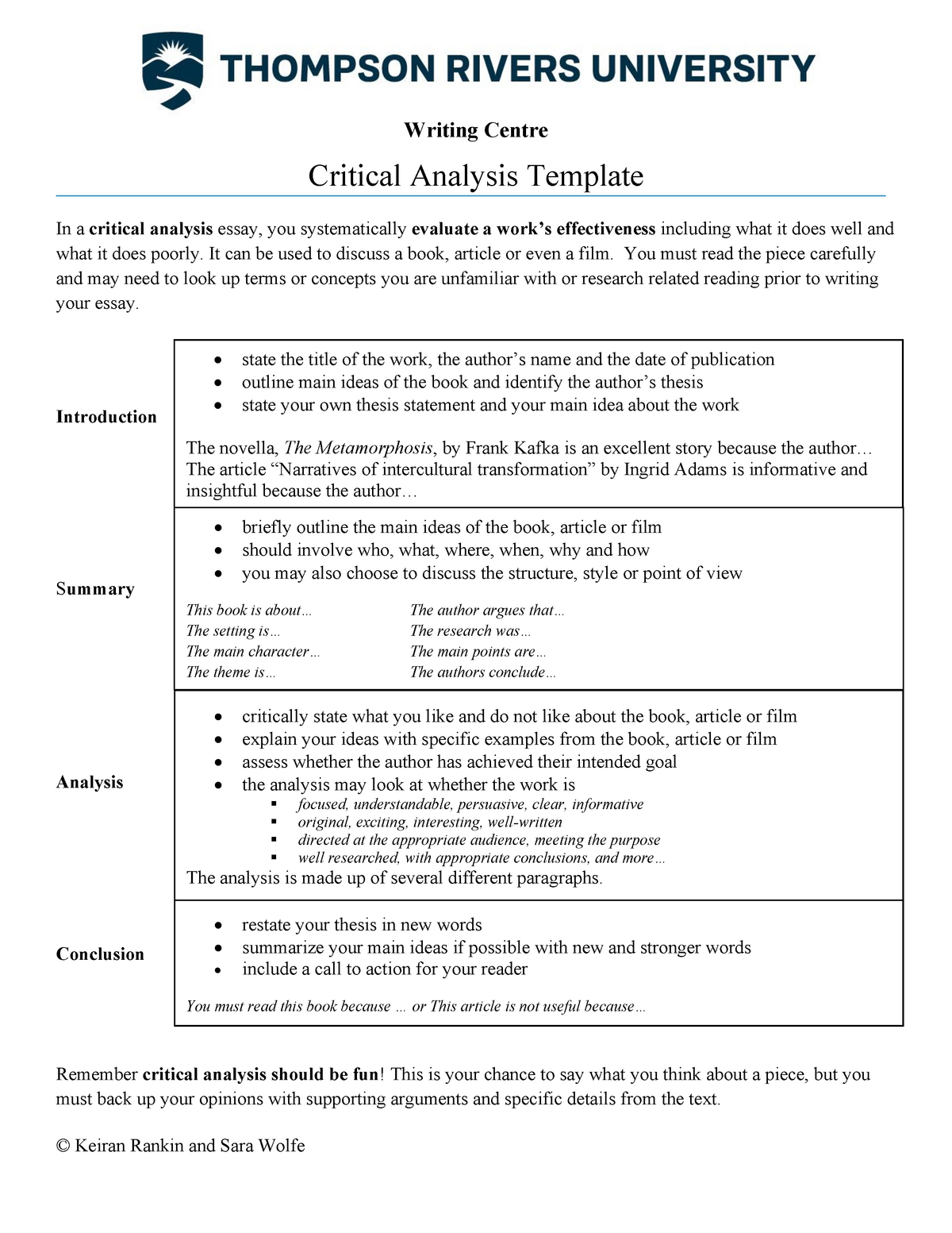 Critical Analysis of an Article Template