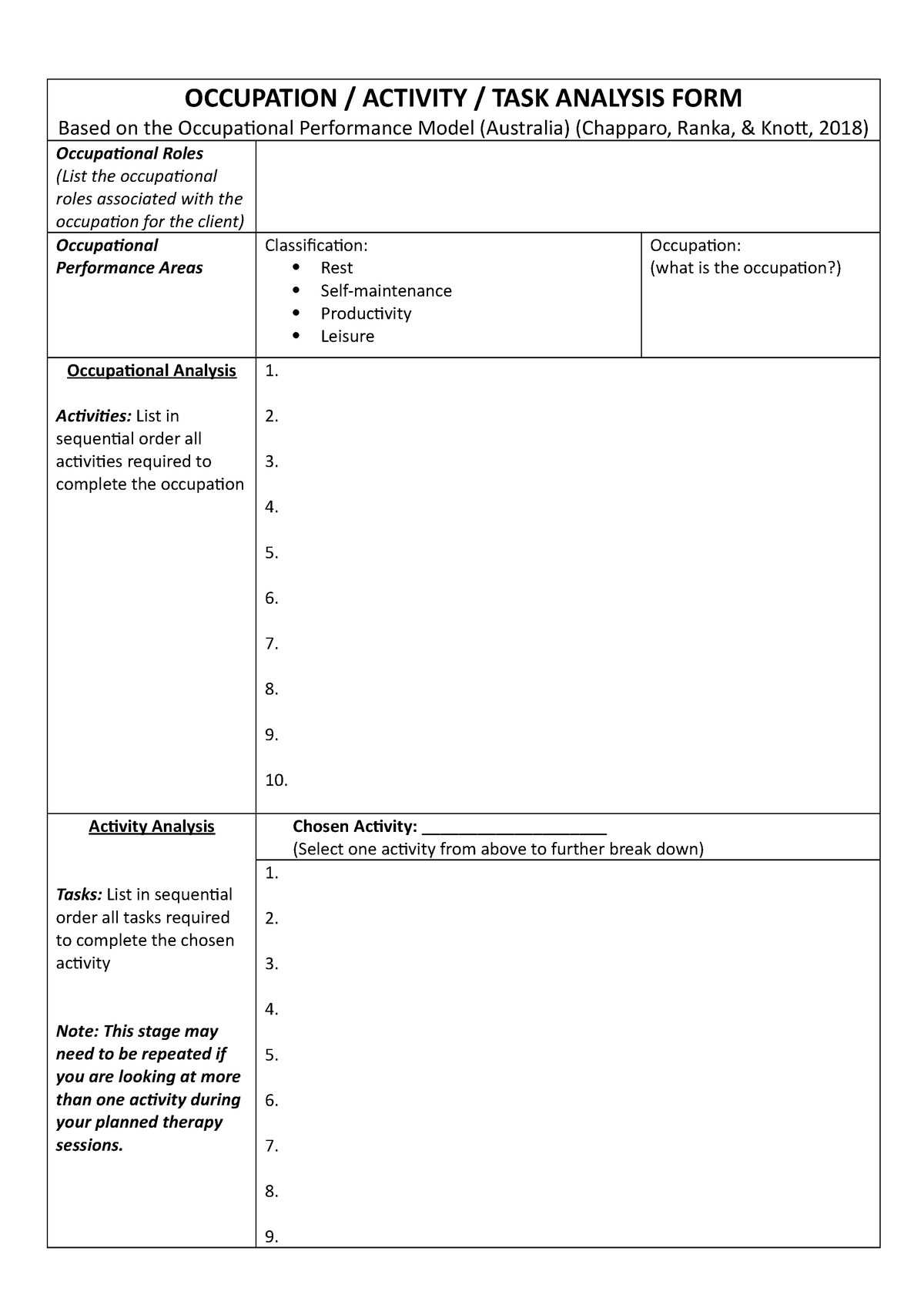 Occupational Therapy Task Analysis Template