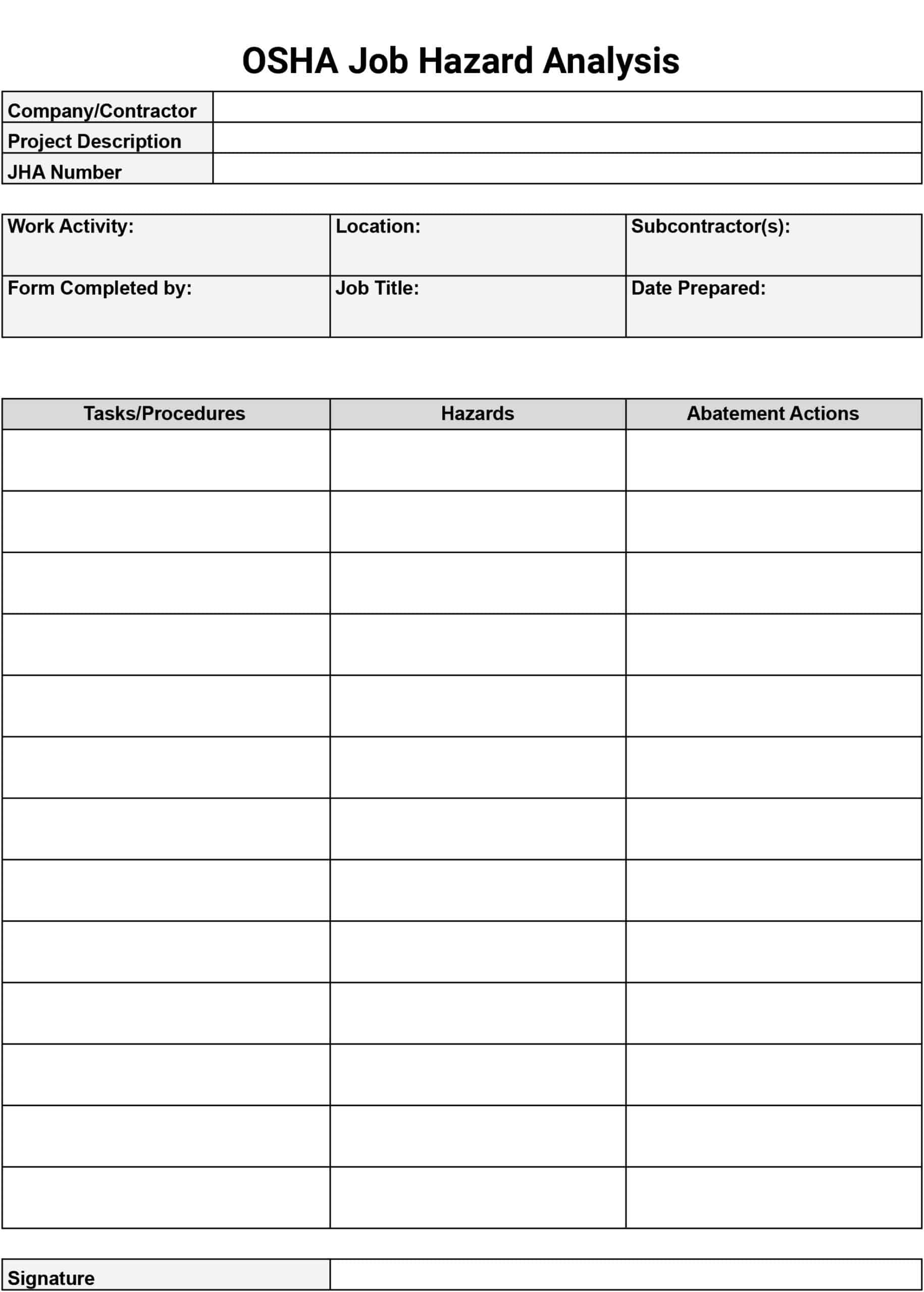 Printable Form OSHA Job Hazard Analysis Template Printable Form OSHA Job Hazard Analysis Template