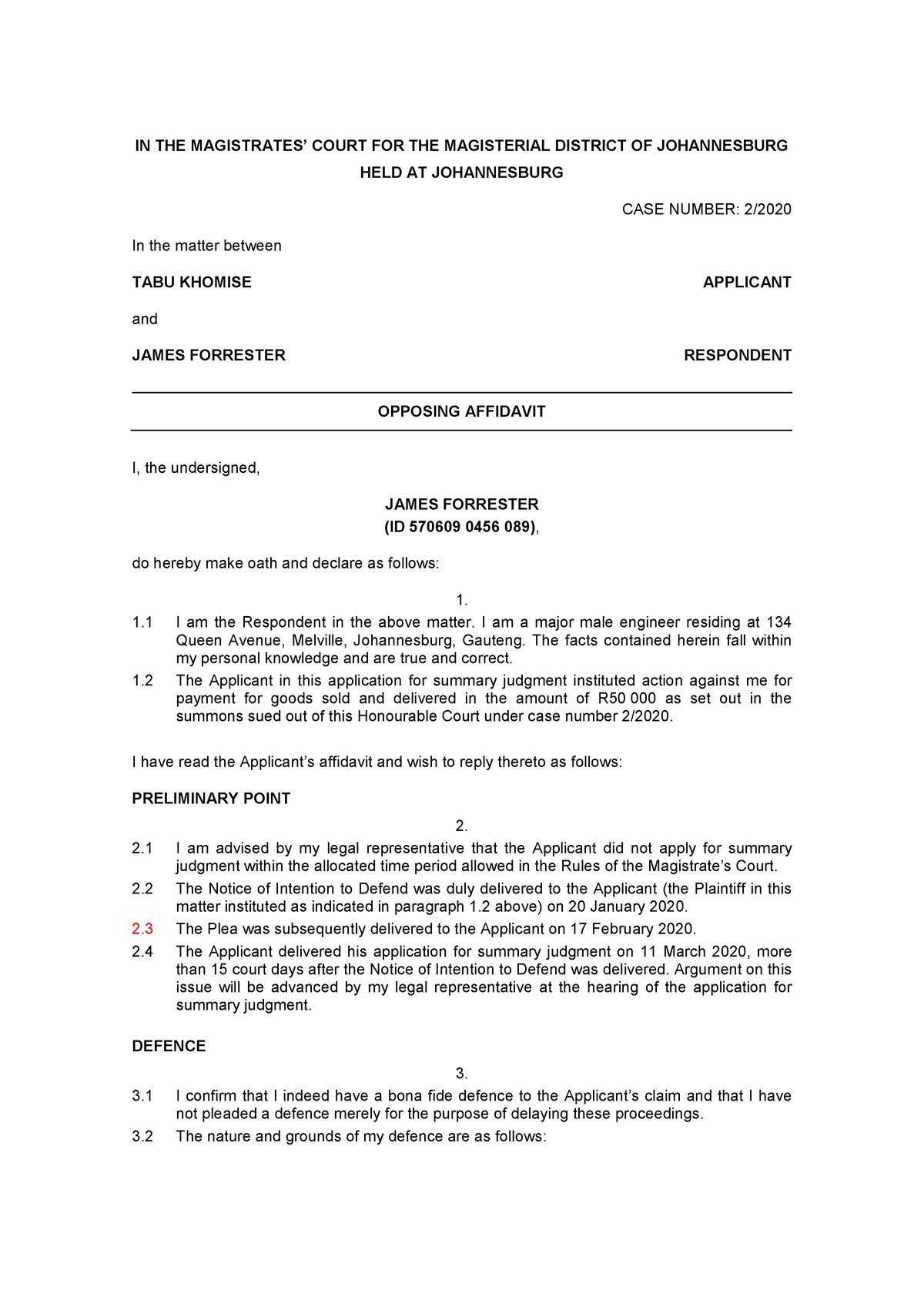 Affidavit Opposing Summary Judgment Template