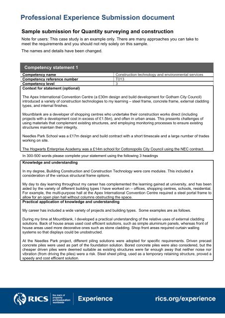 RICS Summary of Experience Template