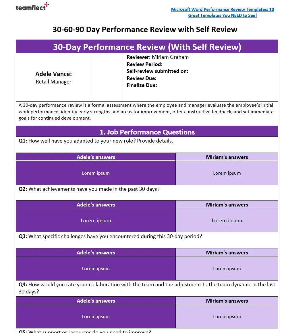 30 60 90 Day Evaluation Template