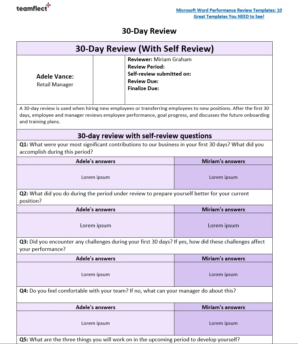 30 Day Employee Evaluation Template