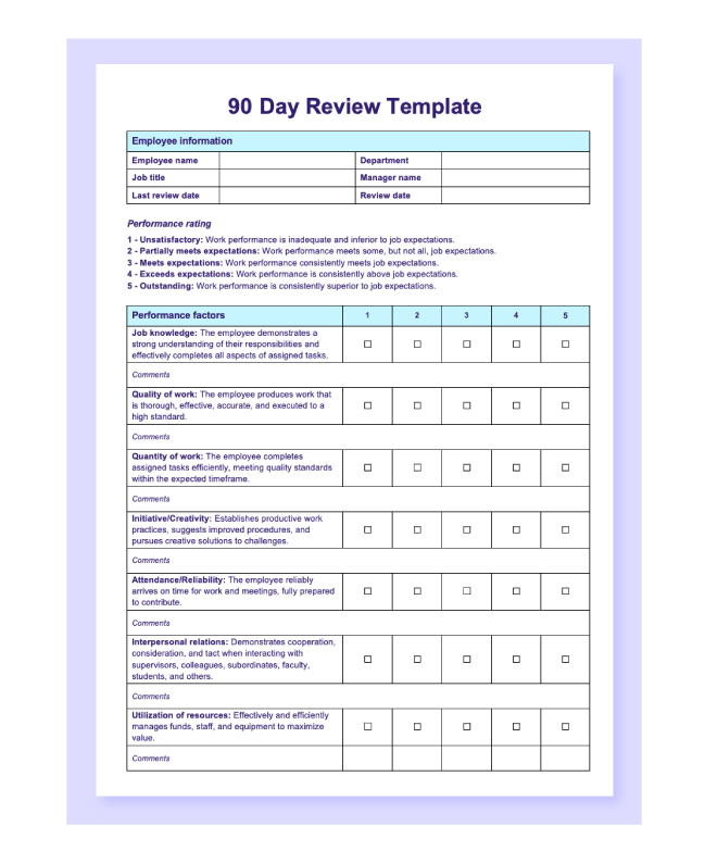 90 Day Employee Evaluation Template