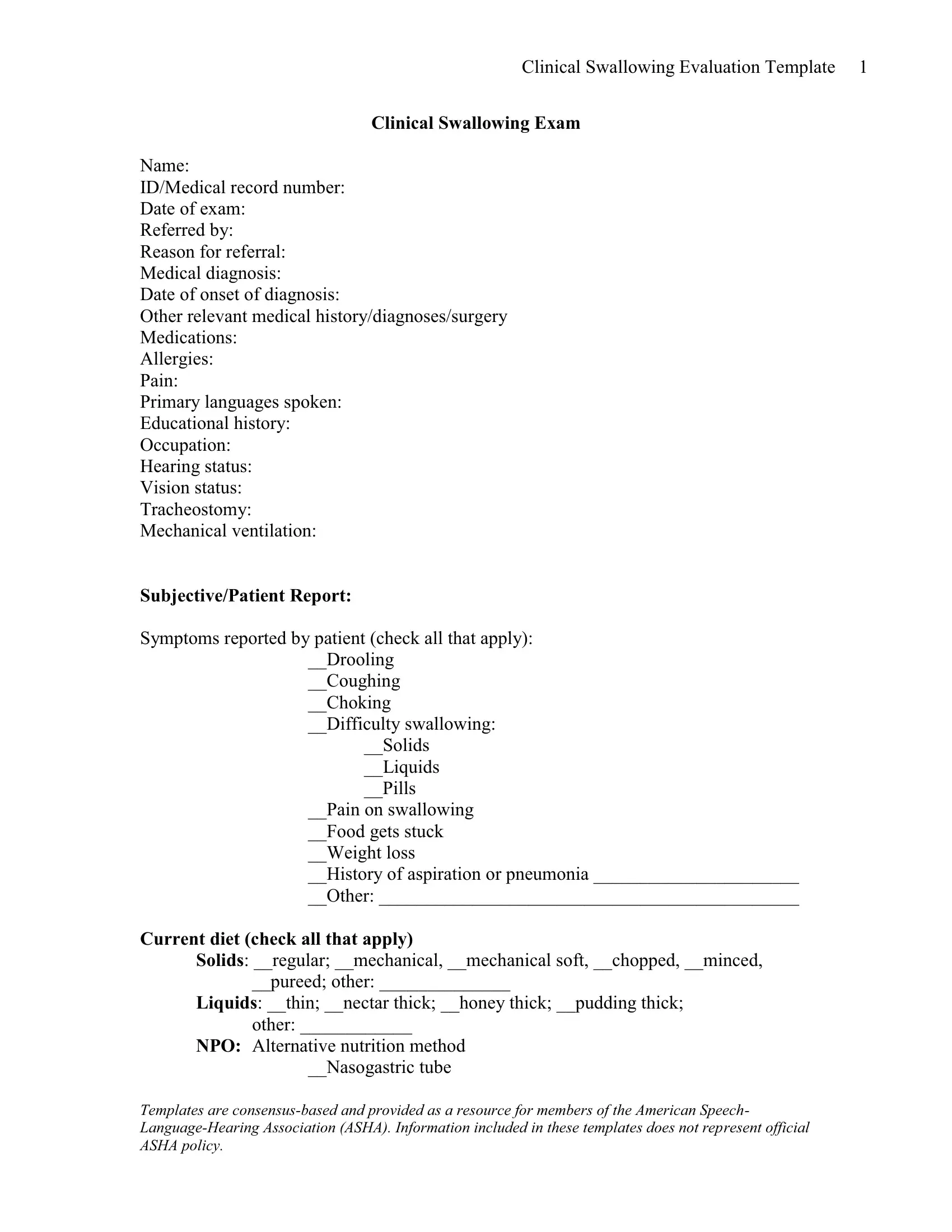 Clinical Swallow Evaluation Template