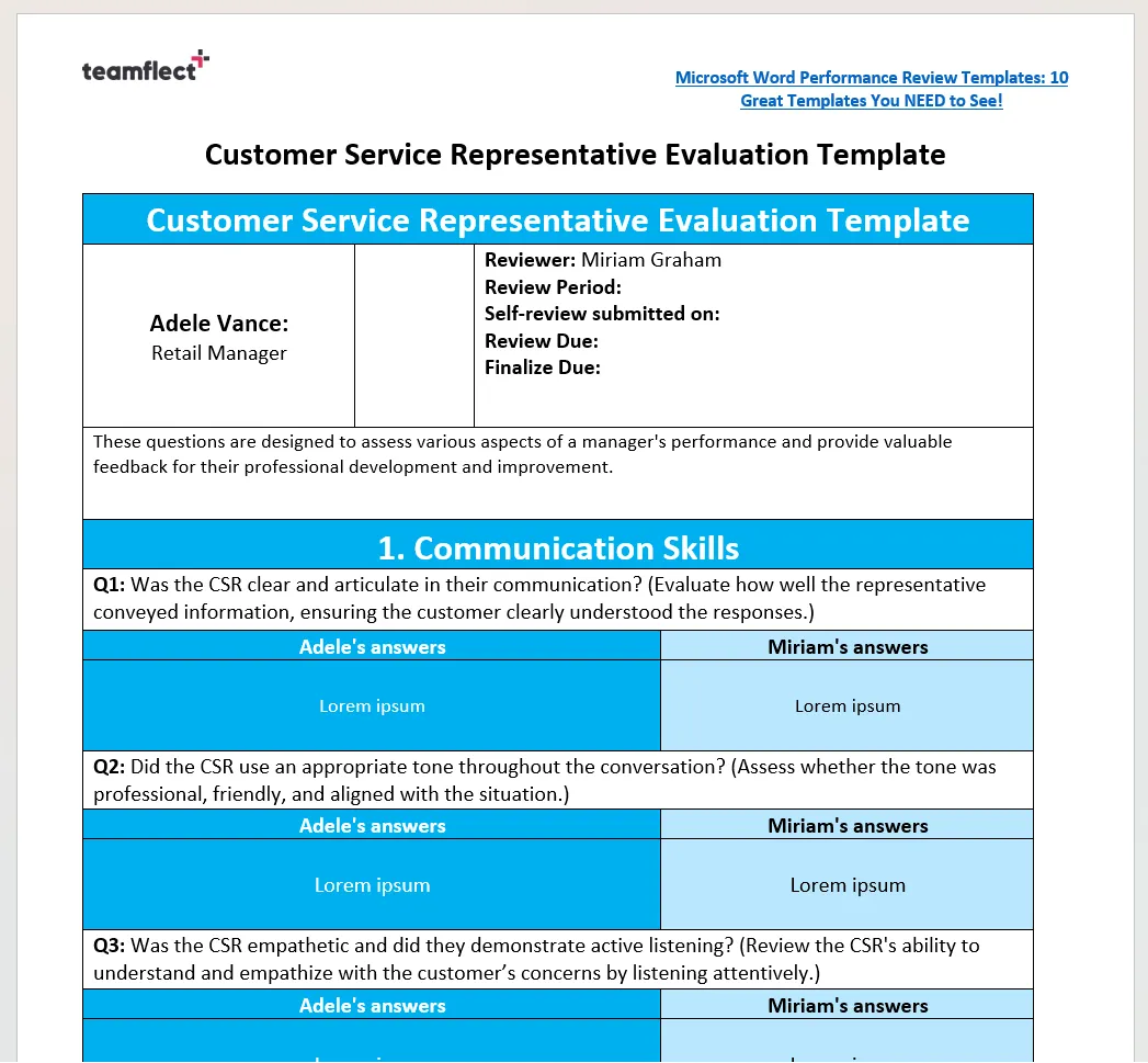 Customer Service Employee Evaluation Template