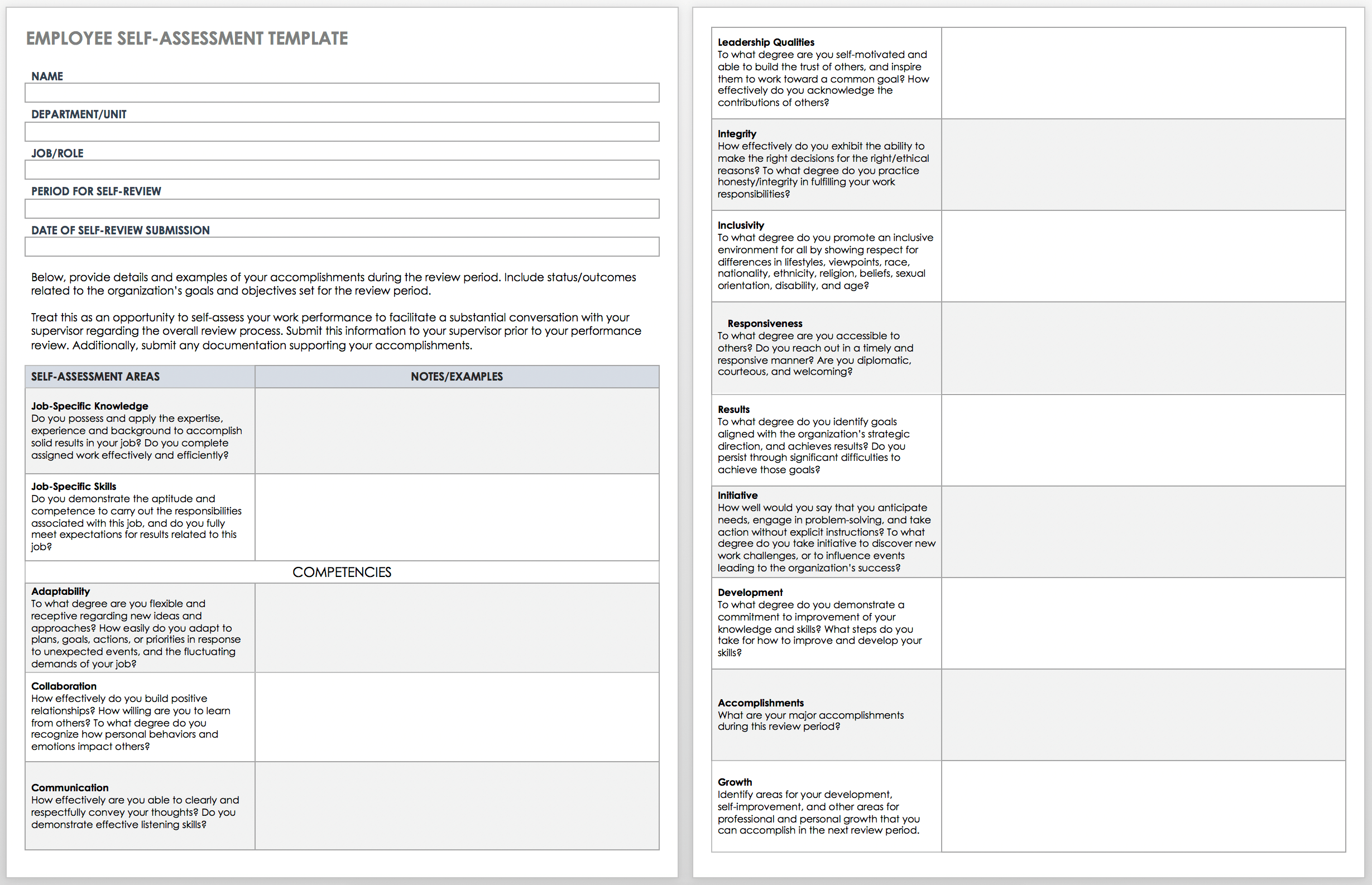 End Of Year Self Evaluation Template