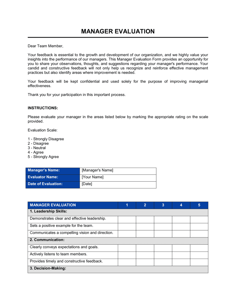 Evaluation Template For Managers