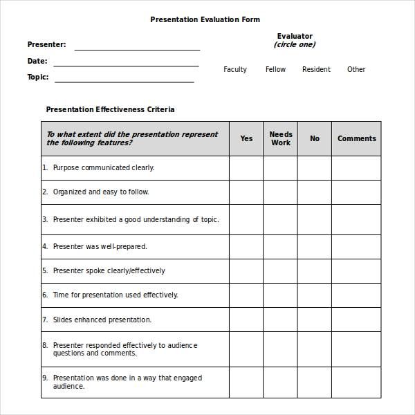 Evaluation Template for Presentation