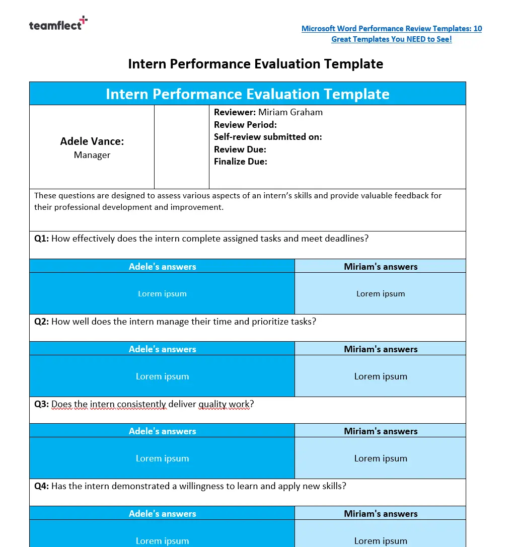 Internship Performance Evaluation Template