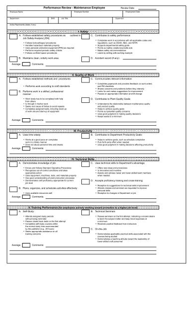 Maintenance Employee Evaluation Template