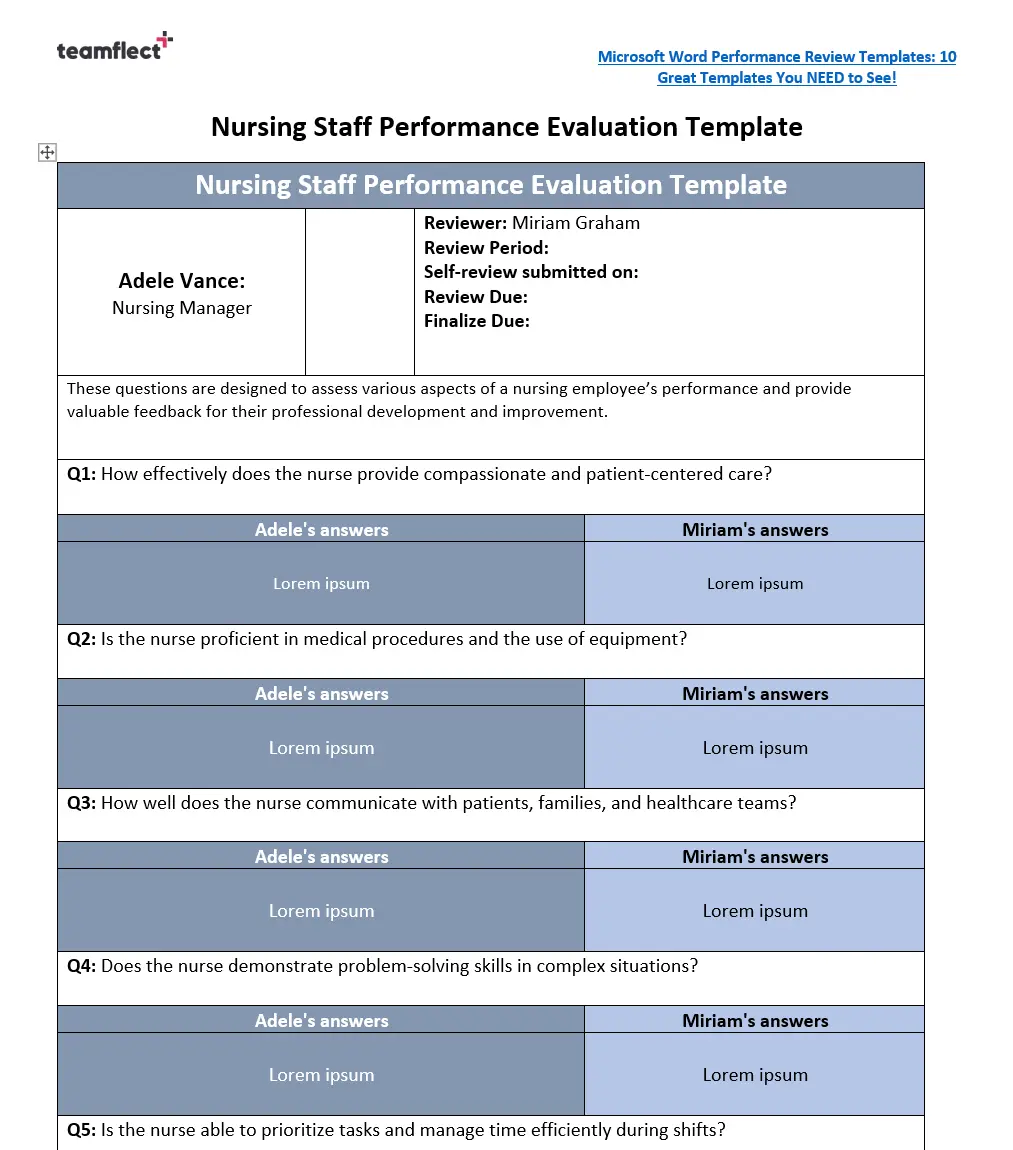 Nursing Performance Evaluation Template