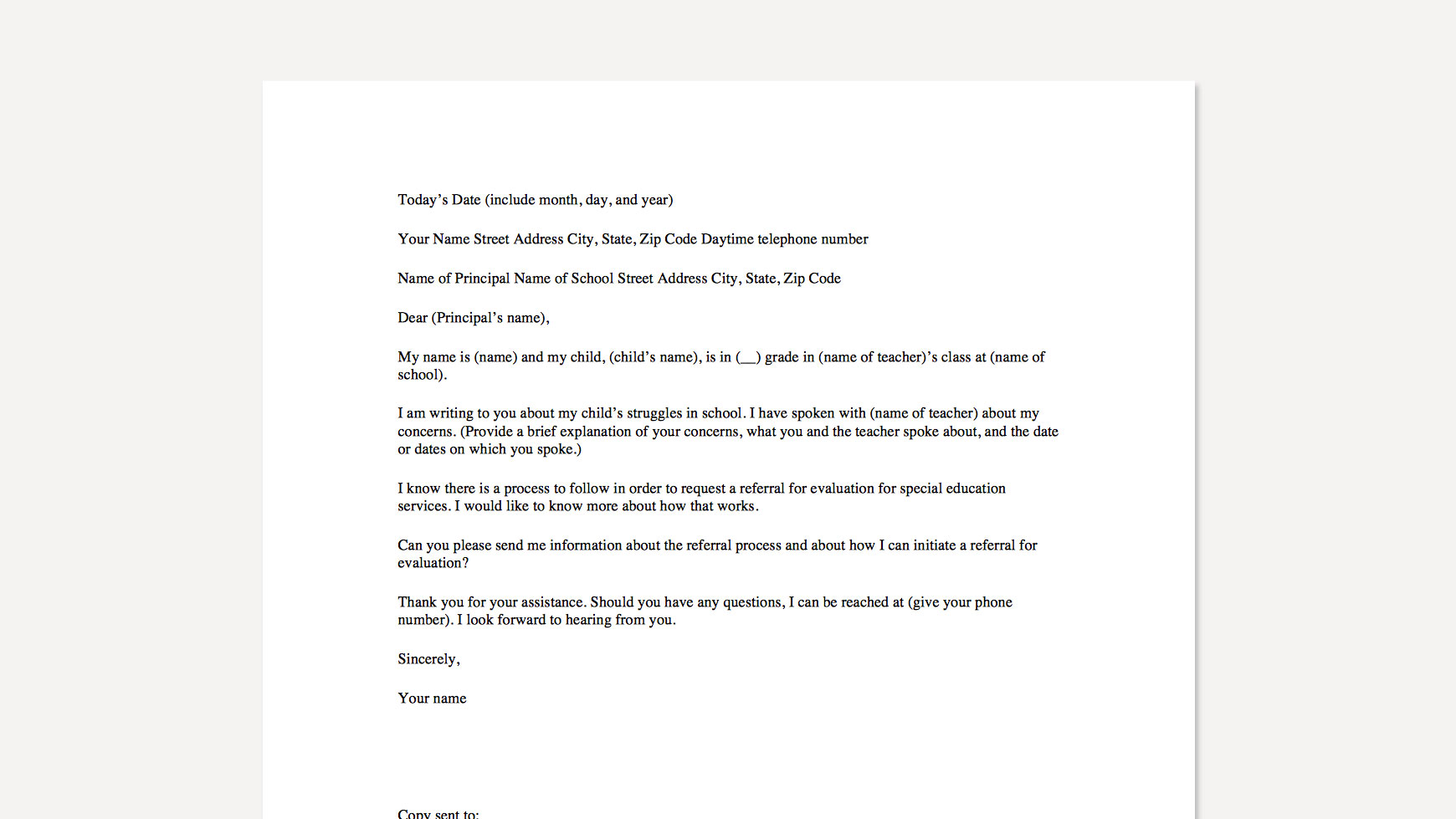 Parent Request for Special Education Evaluation Template