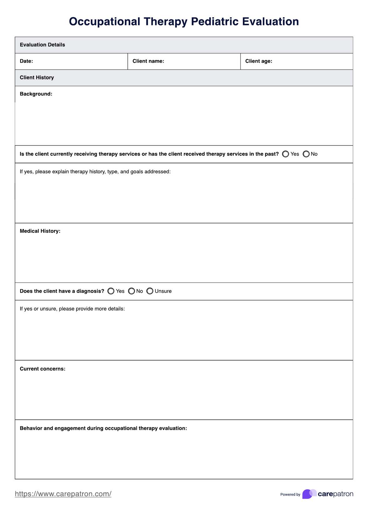 Pediatric Occupational Therapy Evaluation Template