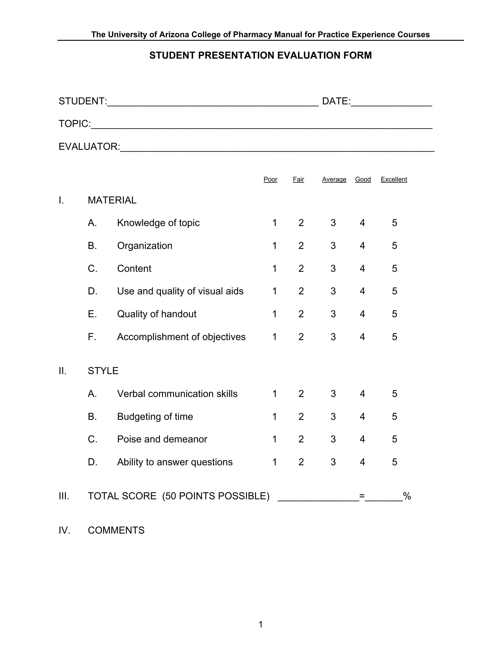 Presentation Evaluation Template Forms