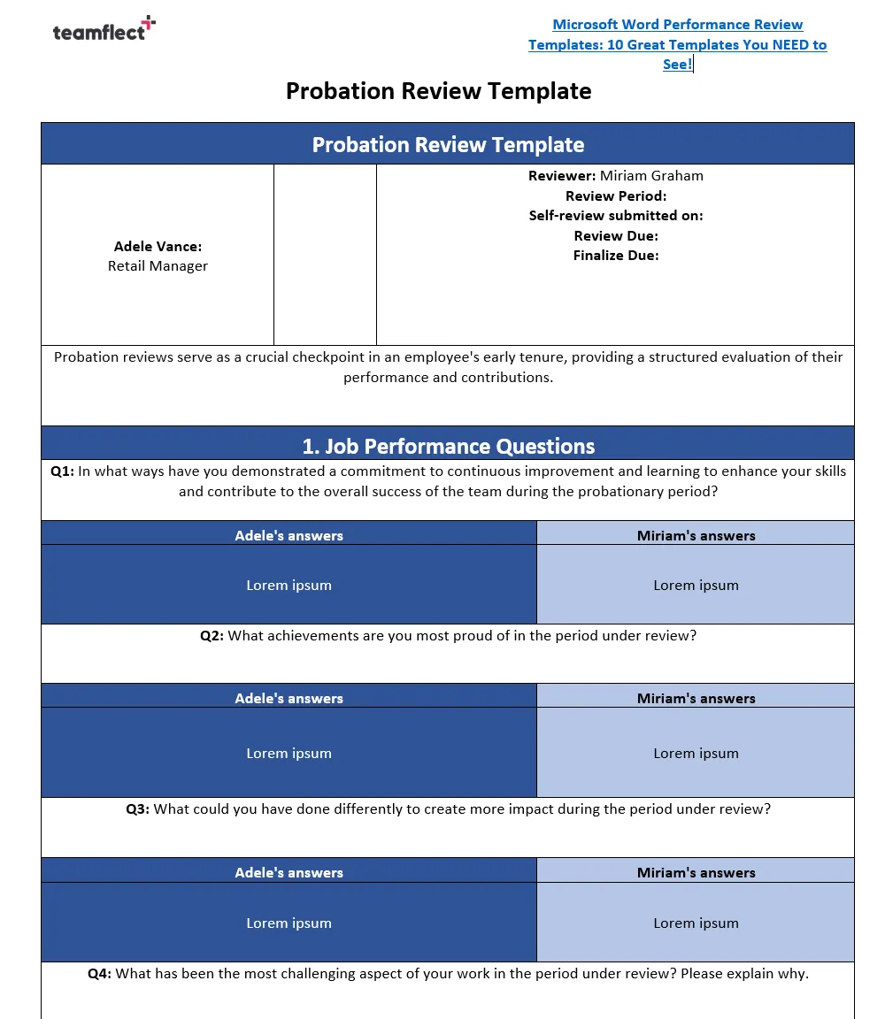 Probationary Period Evaluation Template