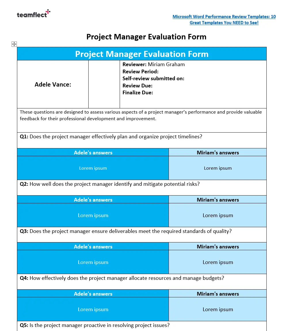 Project Manager Performance Evaluation Template