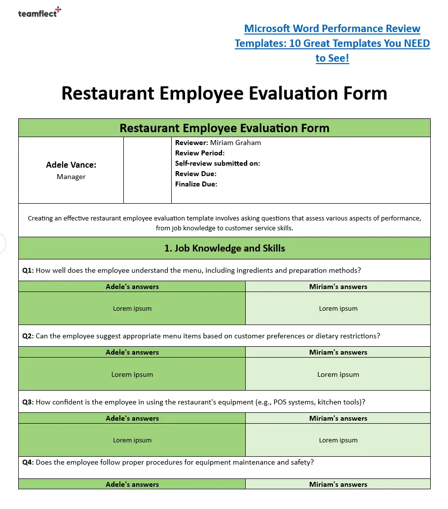 Restaurant Employee Evaluation Template
