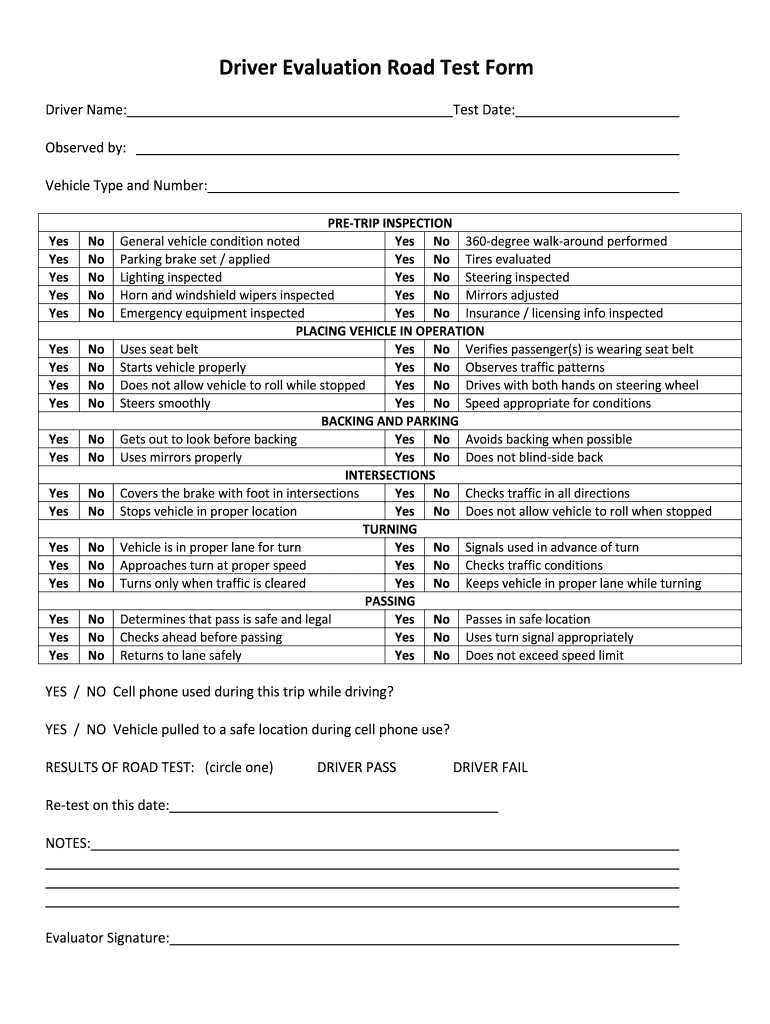 Road Test Evaluation Template