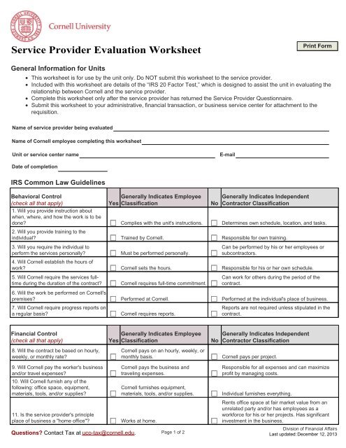 Service Provider Evaluation Template