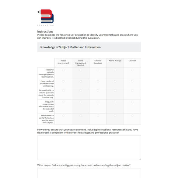 Teacher Self Evaluation Template