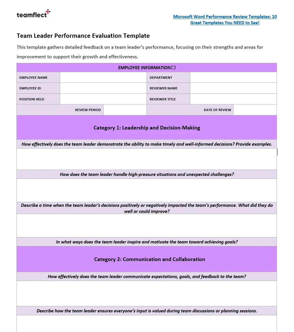 Team Leader Evaluation Template