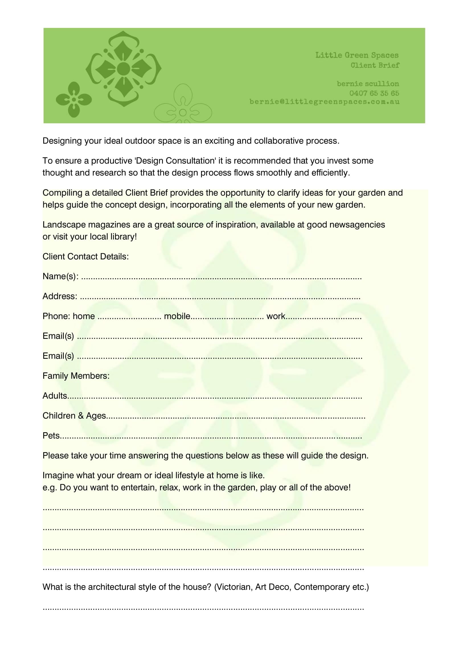 Garden Design Client Brief Template