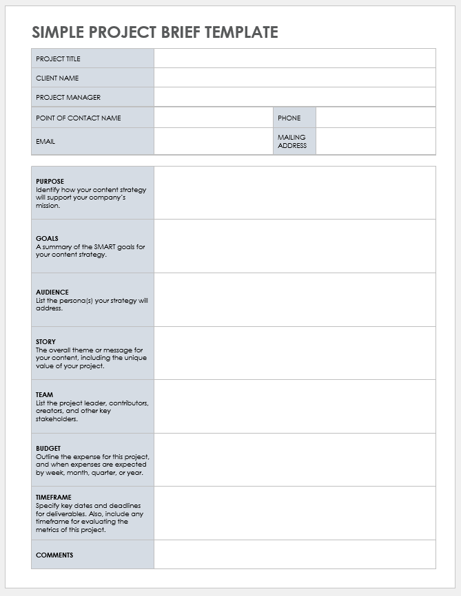One Page Project Brief Template