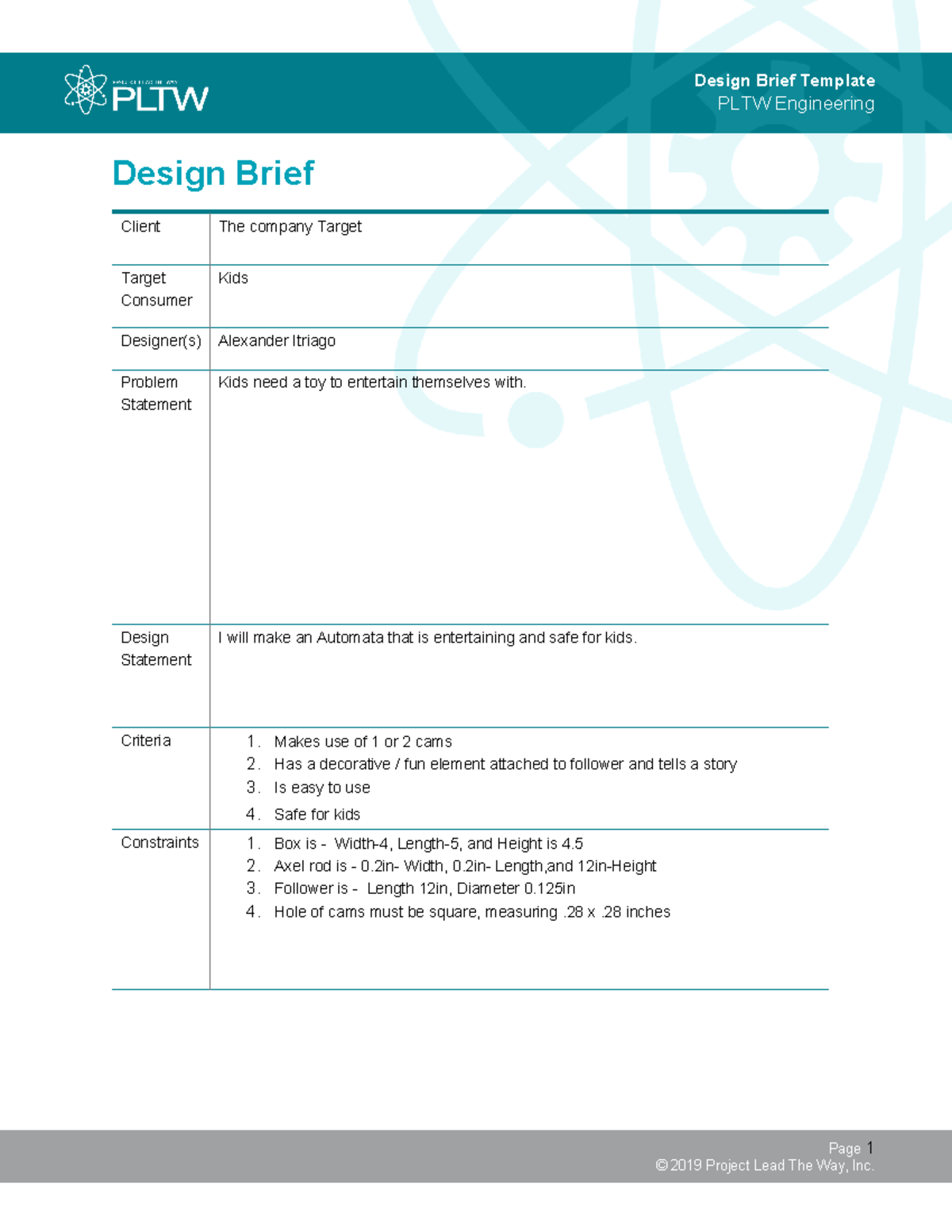 Pltw Design Brief Template