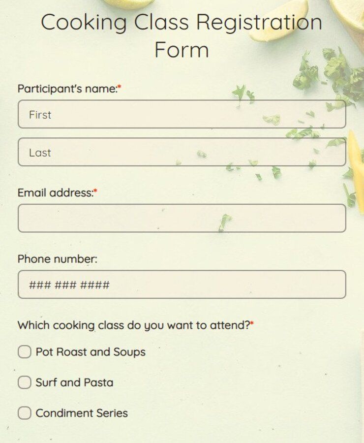 Cooking Class Registration Form Template