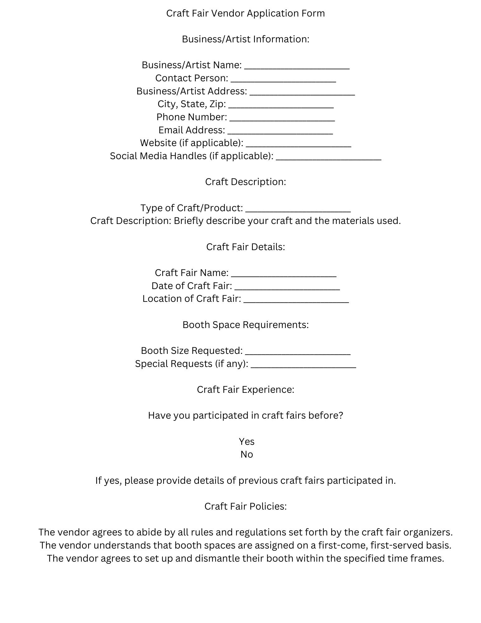 Craft Fair Registration Form Template