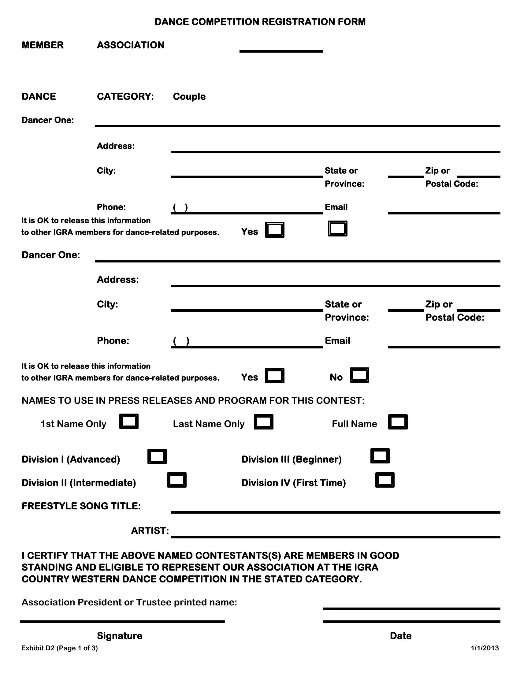 Dance Competition Registration Form Template