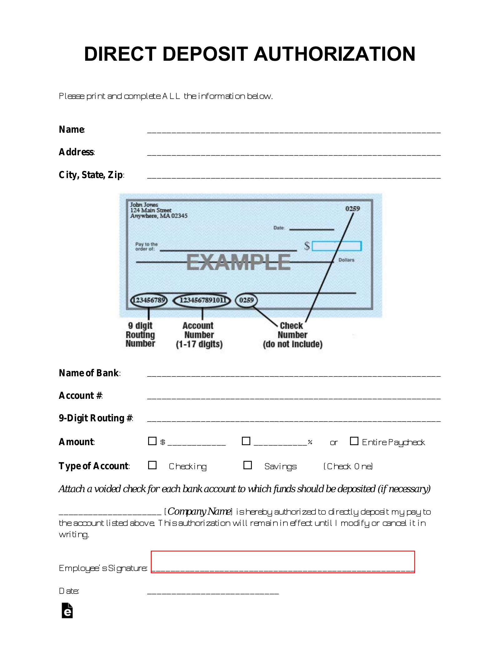 Employee Direct Deposit Form Template