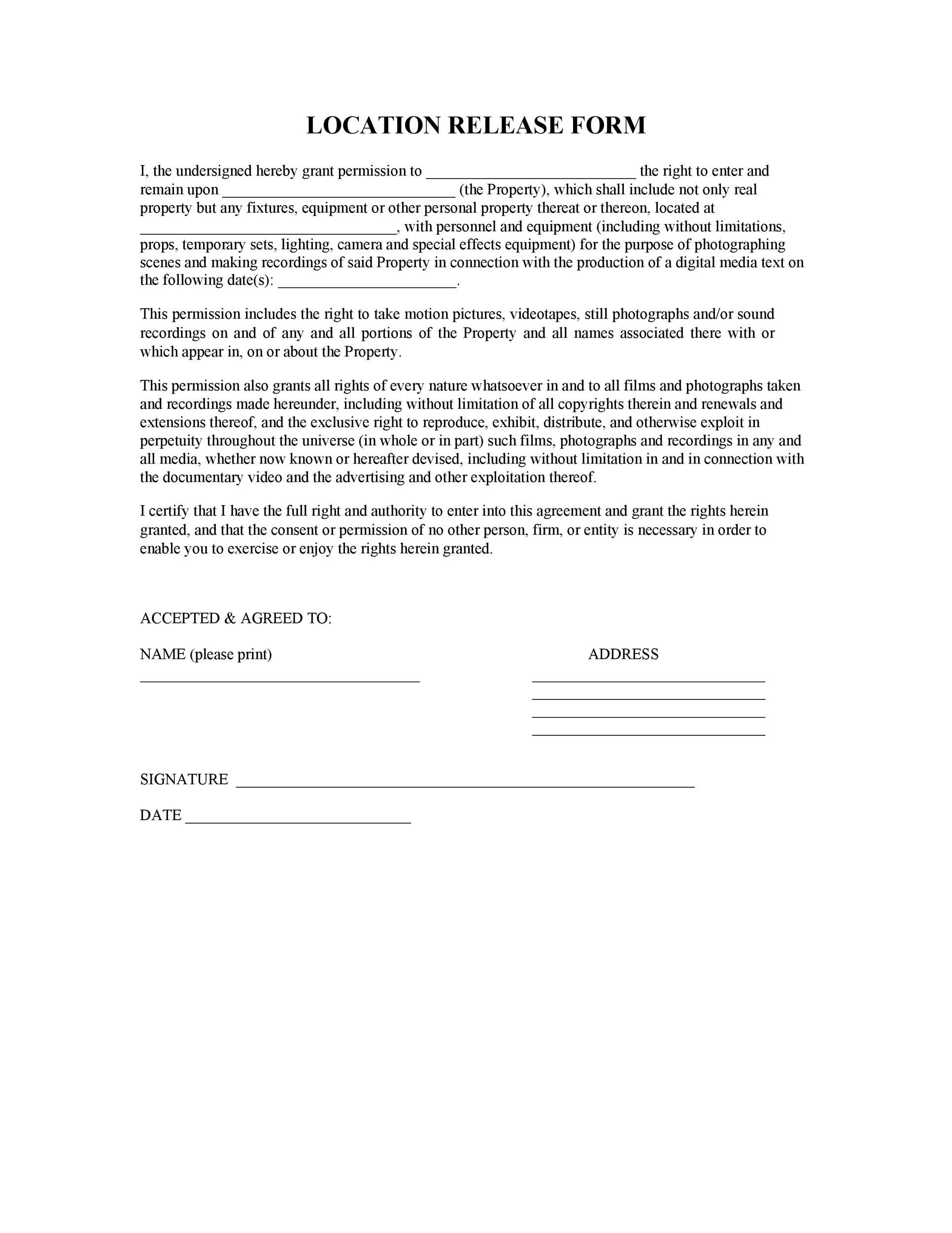 Film Location Release Form Template