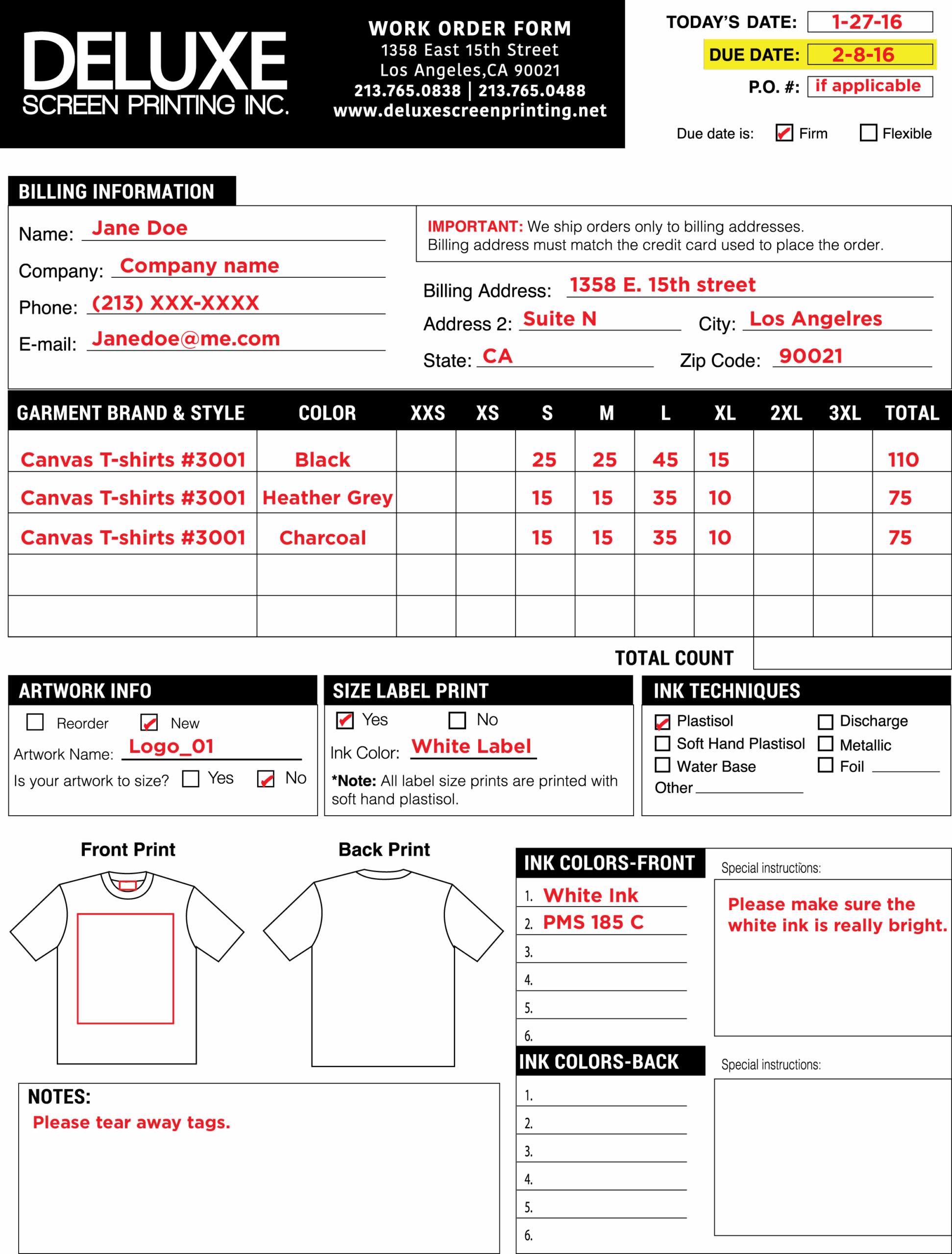 Free Screen Printing Order Form Template