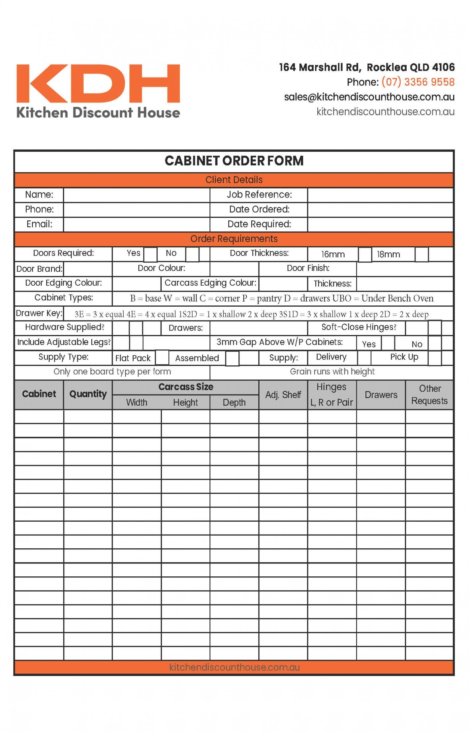 Kitchen Cabinet Order Form Template