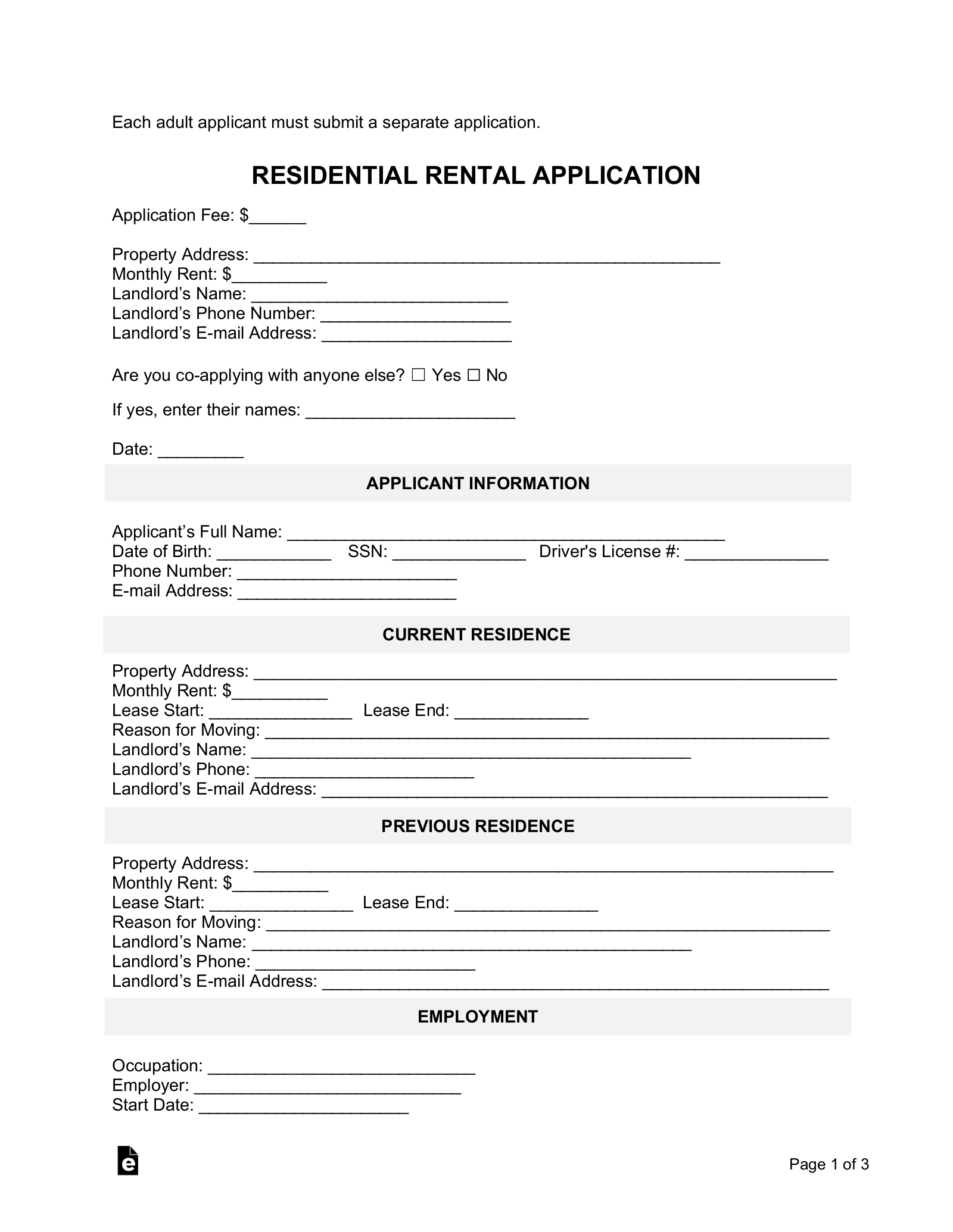 Rental Property Application Form Template