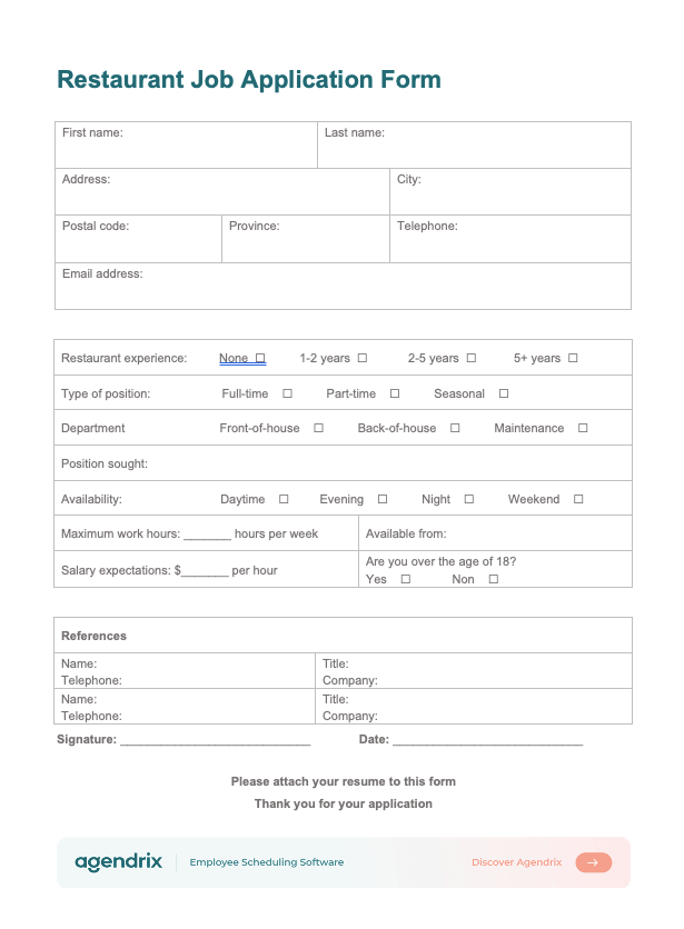 Restaurant Employment Application Form Template