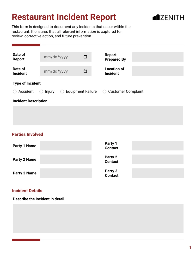 Restaurant Incident Report Form Template
