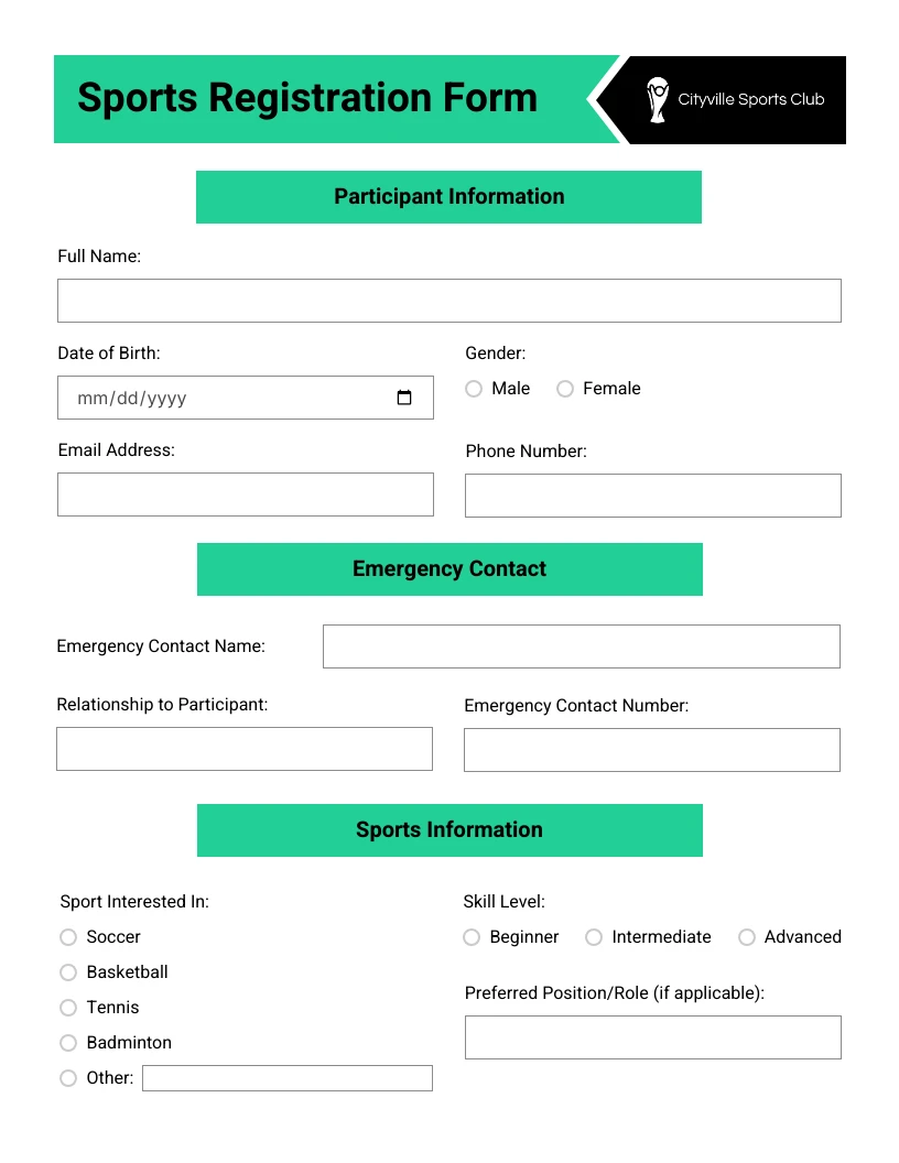 Sports Team Registration Form Template