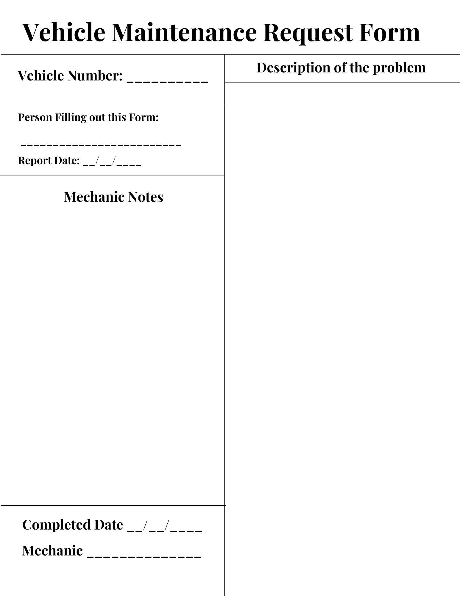 Vehicle Maintenance Request Form Template