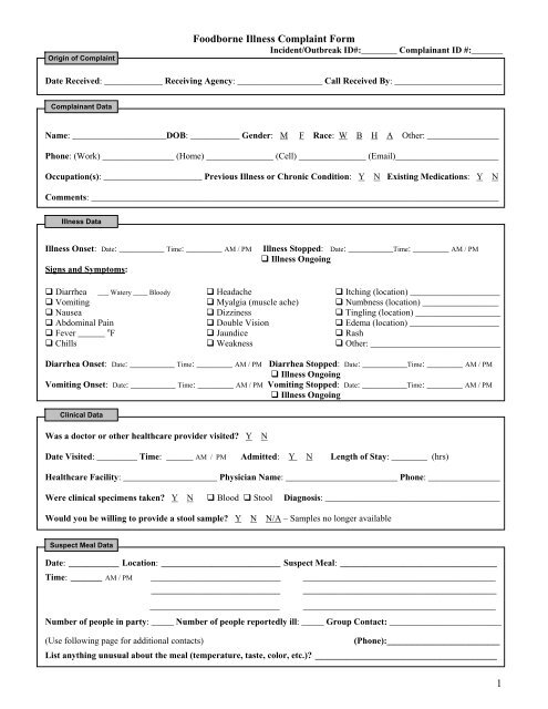 Food Poisoning Complaint Form Template