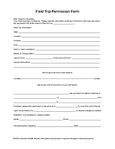 High School Field Trip Permission Form Template