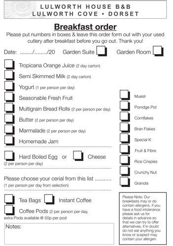 Hotel Breakfast Order Form Template