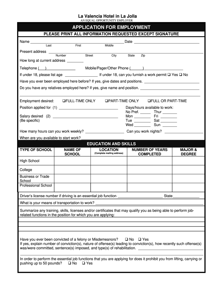 Hotel Manager Job Application Form Template