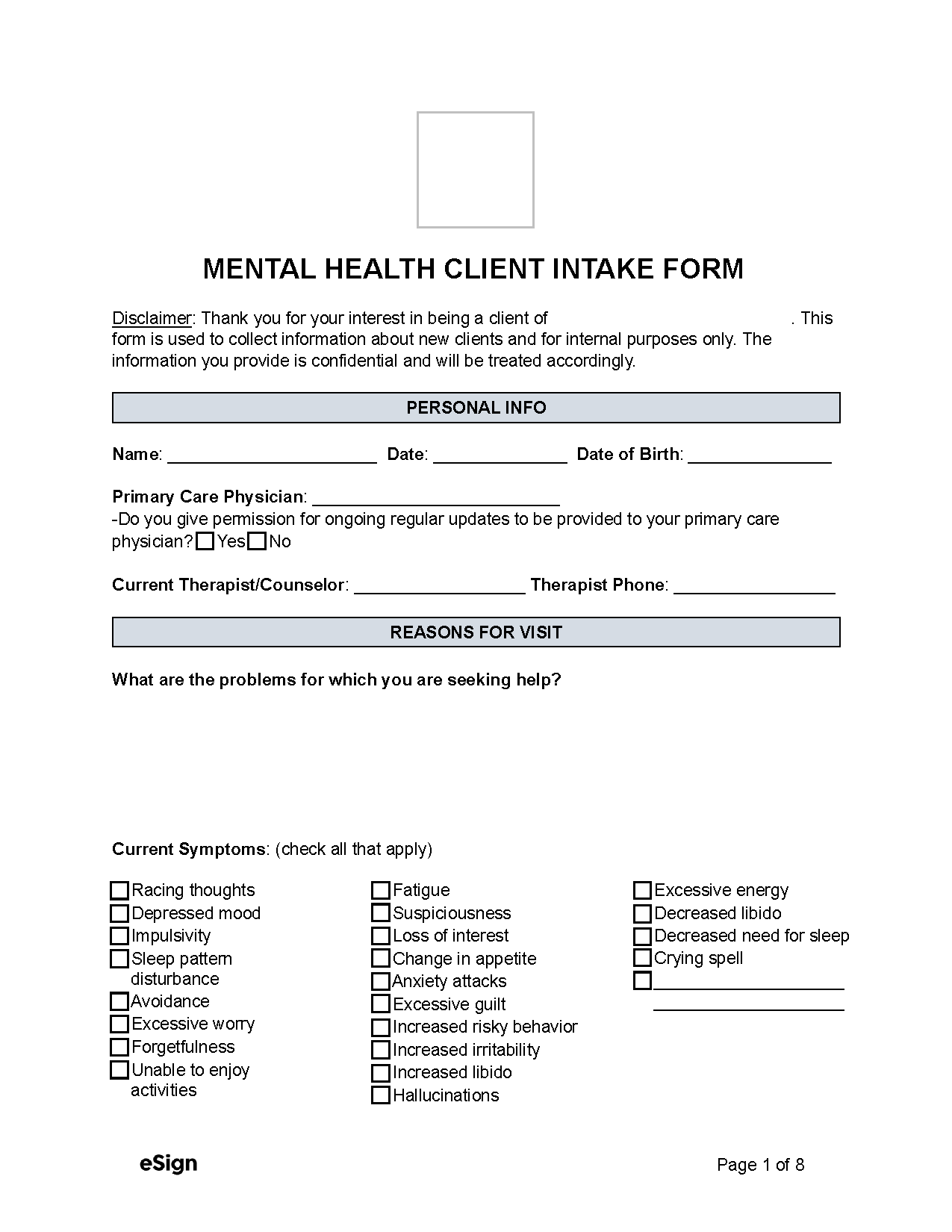 Mental Health Counseling Intake Form Template