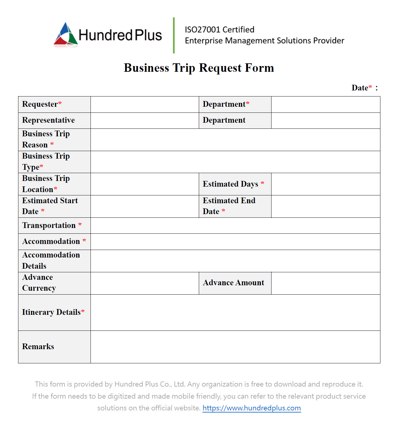 Official Business Trip Form Template