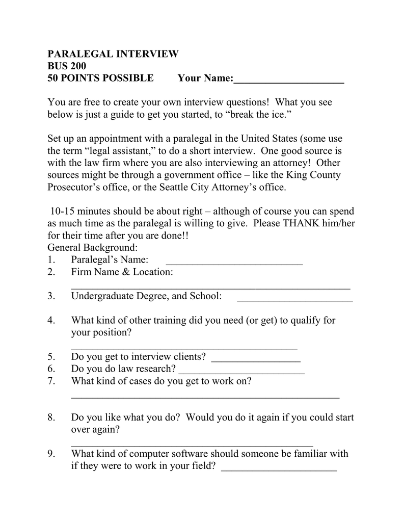 Paralegal Employee Interview Form Template